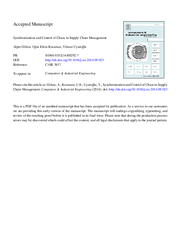(PDF) Synchronization and control of chaos in supply chain management