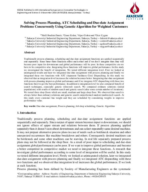 Pdf Solving Process Planning Atc Scheduling And Due Date Assignment