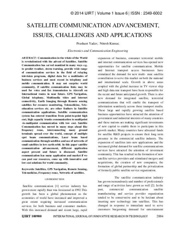 (PDF) Satellite Communication Advancement, Issues, Challenges and ...