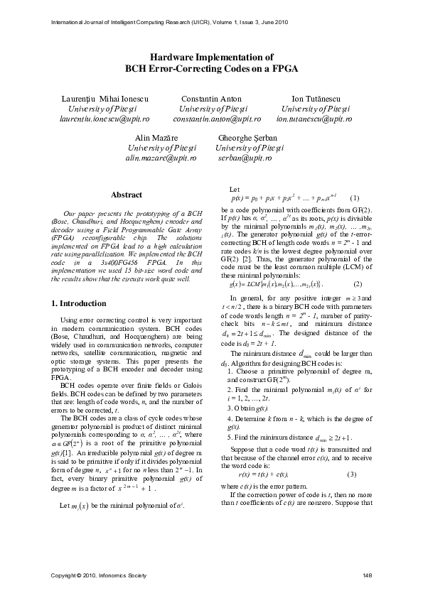 Pdf Hardware Implementation Of Bch Errorcorrecting Codes On A Fpga