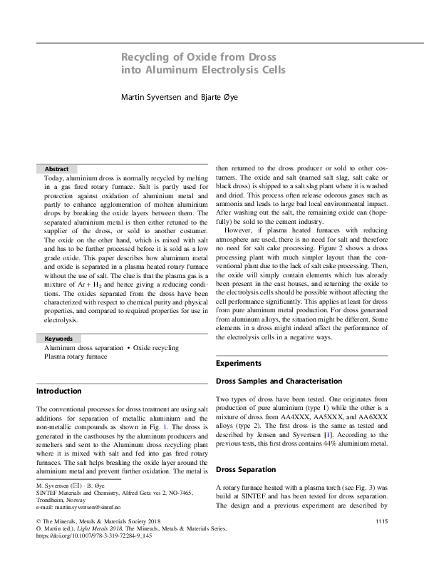 (PDF) Recycling of Oxide from Dross into Aluminum Electrolysis Cells