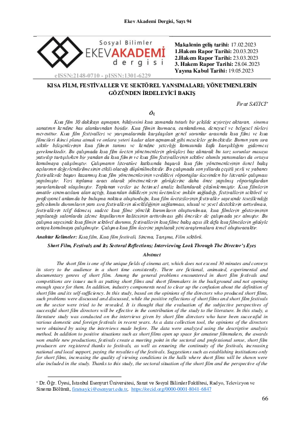 (PDF) KISA FİLM, FESTİVALLER VE SEKTÖREL YANSIMALARI; YÖNETMENLERİN ...
