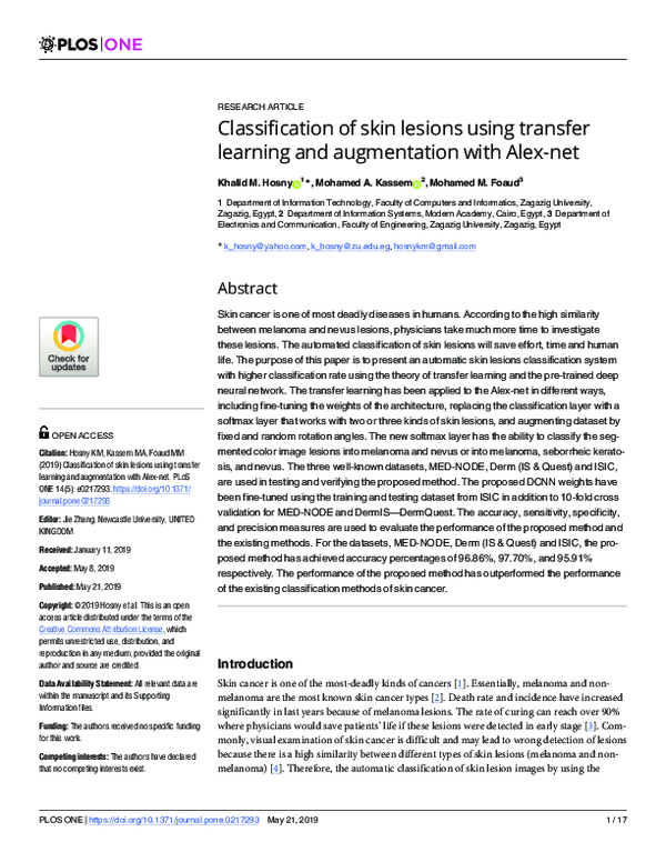 (PDF) Classification of skin lesions using transfer learning and ...