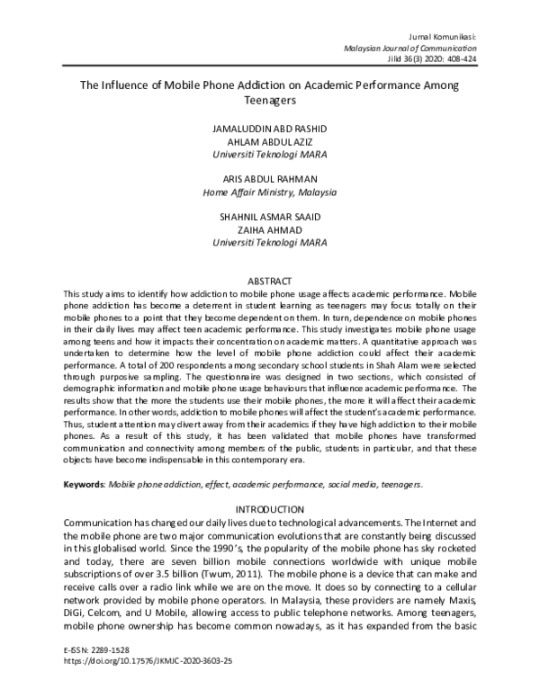 (PDF) The Influence of Mobile Phone Addiction on Academic Performance ...