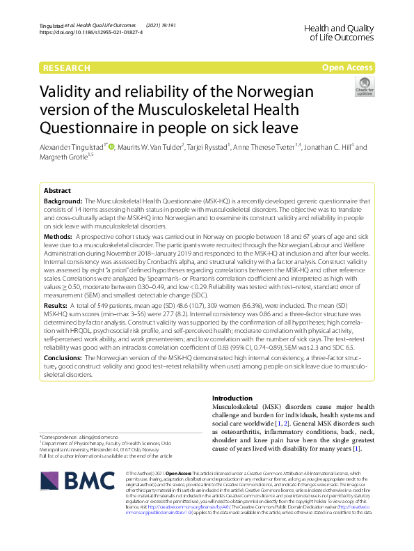 (PDF) Validity and reliability of the Norwegian version of the ...