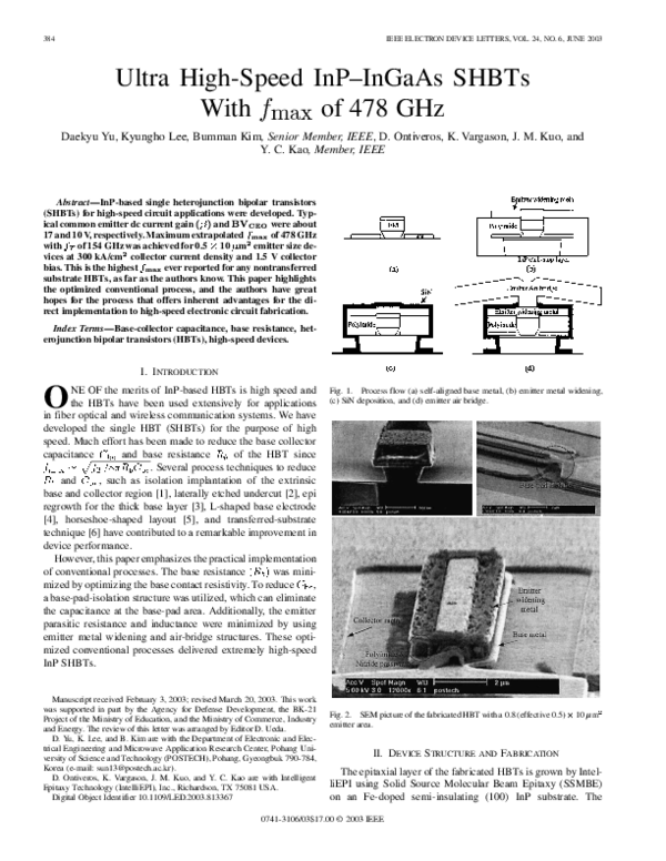 (PDF) Ultra high-speed InP-InGaAs SHBTs with f/sub max/ of 478 GHz
