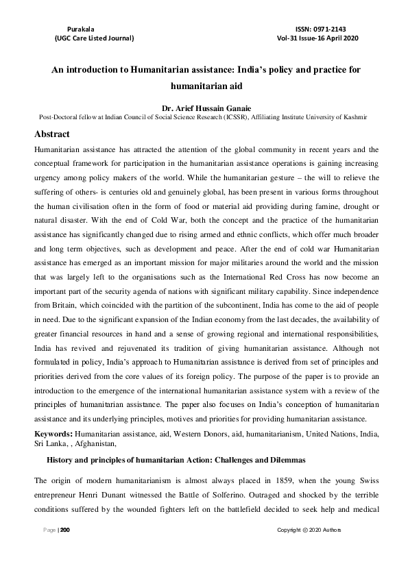 (PDF) An introduction to Humanitarian assistance: India's policy and ...