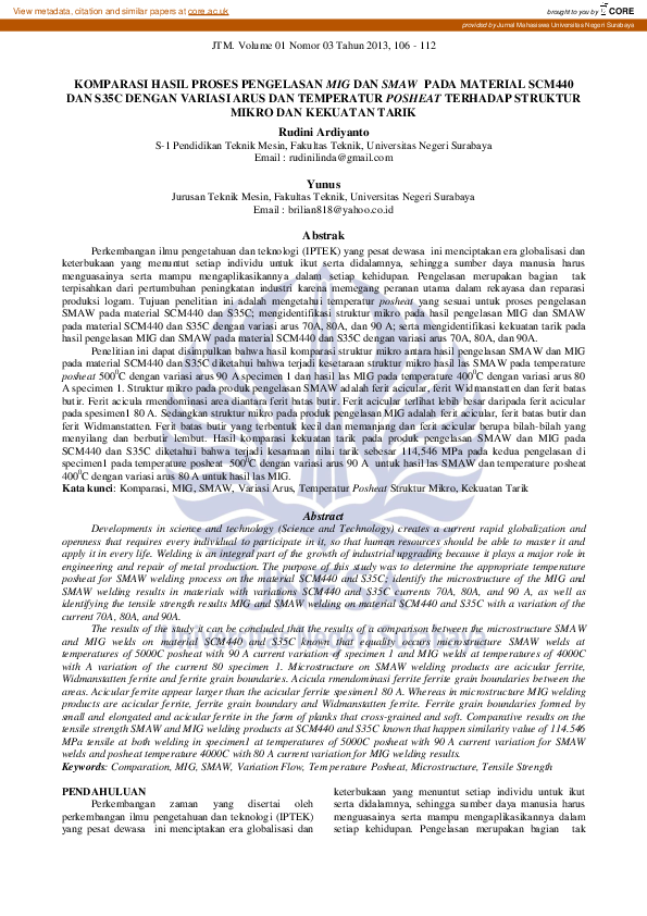(PDF) Komparasi Hasil Proses Pengelasan Mig Dan Smaw Pada Material SCM440 Dan S35C Dengan ...