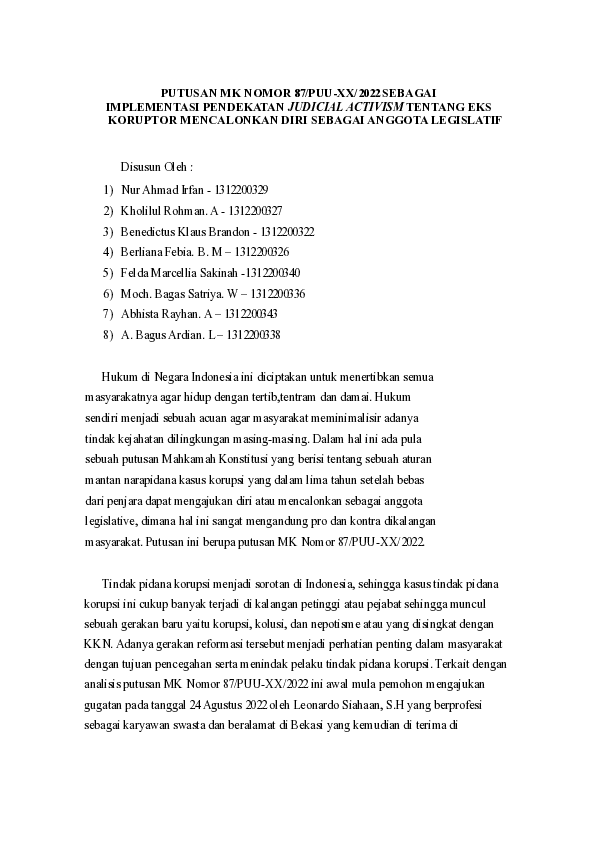 (PDF) PUTUSAN MK NOMOR 87/PUU-XX/2022 SEBAGAI IMPLEMENTASI PENDEKATAN JUDICIAL ACTIVISM TENTANG ...