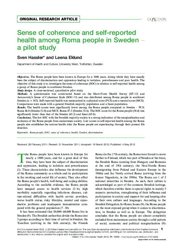 (PDF) Sense of coherence and self-reported health among Roma people in ...