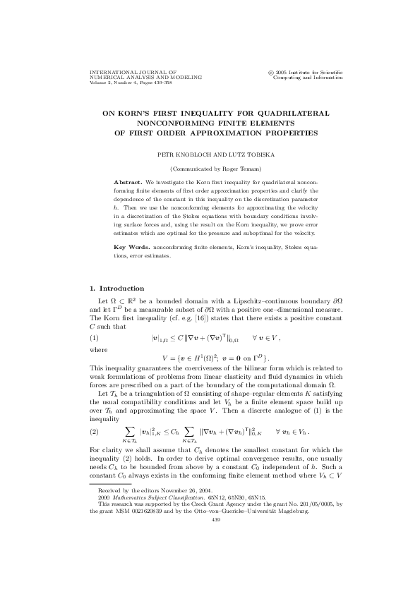 Pdf On Korn S First Inequality For Quadrilateral Nonconforming Finite