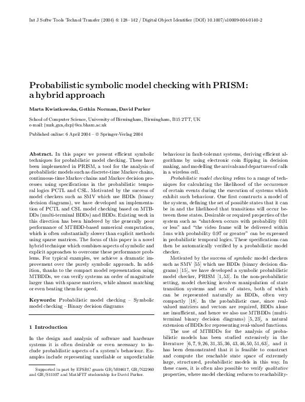(PDF) Probabilistic symbolic model checking with PRISM: a hybrid approach