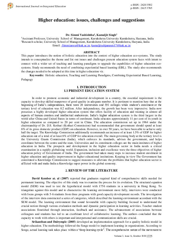 (PDF) Higher education: issues, challenges and suggestions