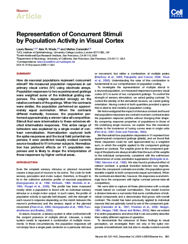(PDF) Representation of concurrent stimuli by population activity in visual cortex