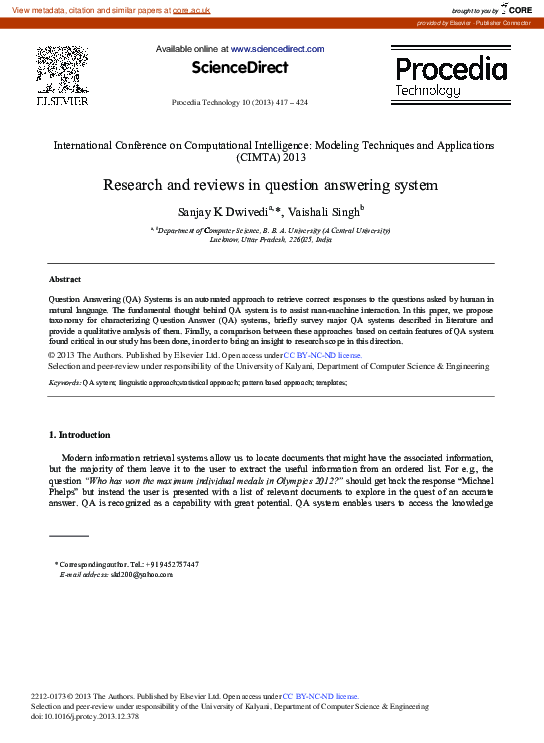(PDF) Research and Reviews in Question Answering System