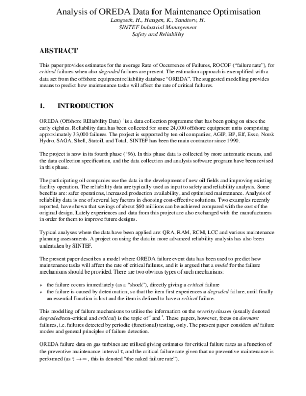 (PDF) Analysis of OREDA data for maintenance optimisation