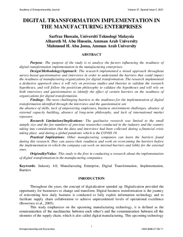 (PDF) Digital Transformation Implementation in the Manufacturing Enterprises