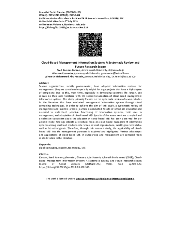 (PDF) Cloud-Based Management Information System: A Systematic Review and Future Research Scope