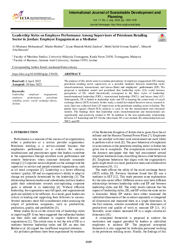 (PDF) Leadership Styles on Employee Performance Among Supervisors of Petroleum Retailing Sector ...