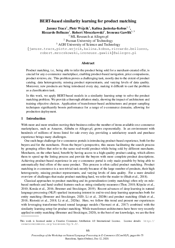 Pdf Bert Based Similarity Learning For Product Matching