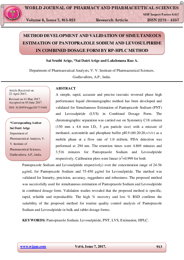 (PDF) Method Development and Validation of Simultaneous Estimation of Pantoprazole Sodium and ...