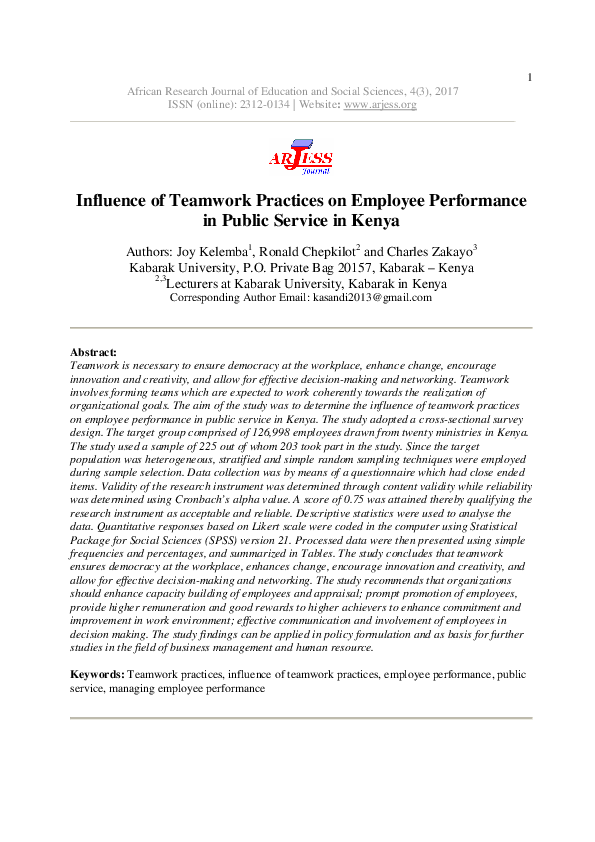 (PDF) Influence of Teamwork Practices on Employee Performance in Public Service in Kenya