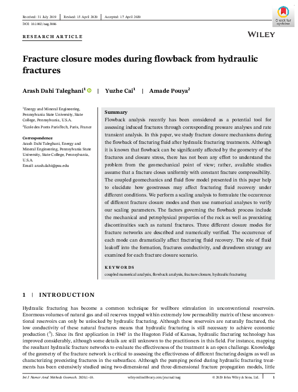 (PDF) Fracture closure modes during flowback from hydraulic fractures