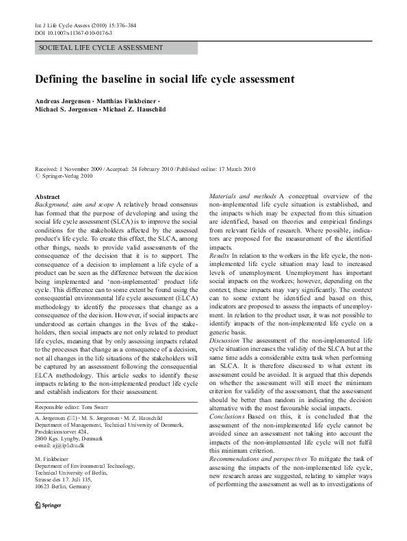(PDF) Defining the baseline in social life cycle assessment