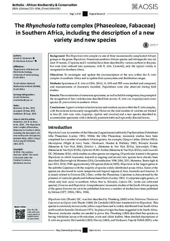 (PDF) The Rhynchosia totta complex (Phaseoleae, Fabaceae) in Southern ...