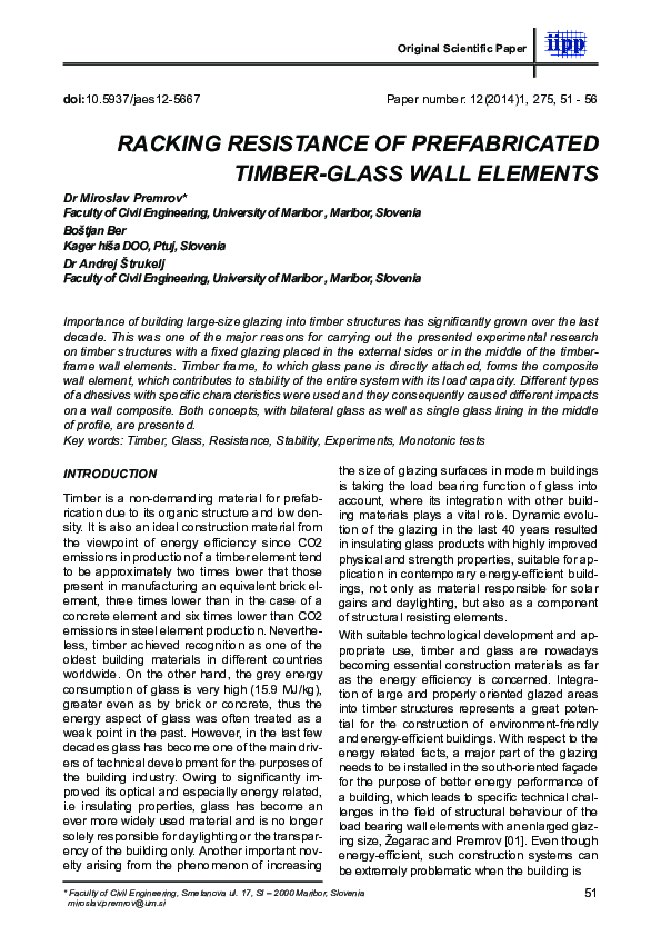 (PDF) Racking resistance of prefabricated timber-glass wall elements ...