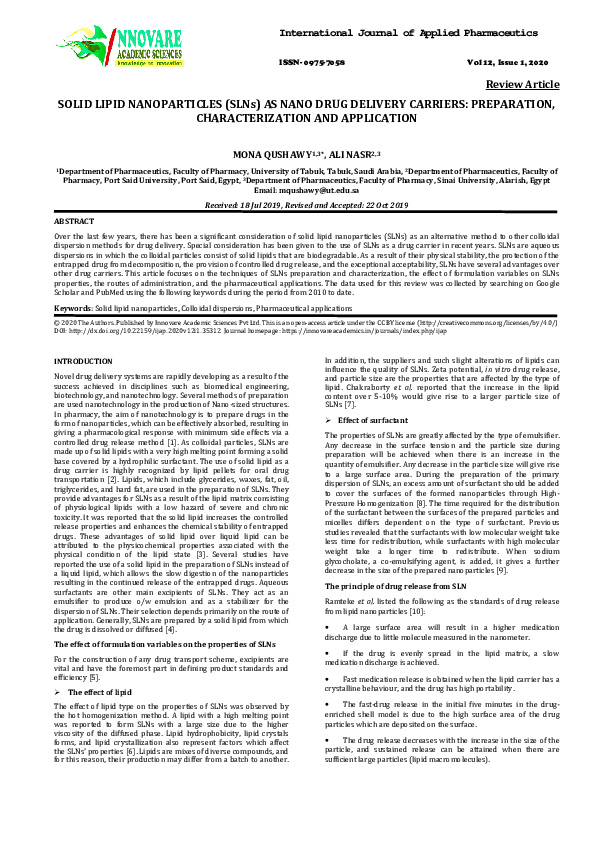 (PDF) SOLID LIPID NANOPARTICLES (SLNs) AS NANO DRUG DELIVERY CARRIERS ...
