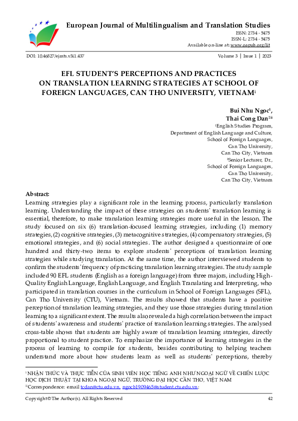 (PDF) EFL STUDENT’S PERCEPTIONS AND PRACTICES ON TRANSLATION LEARNING ...