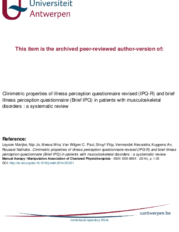(PDF) Clinimetric properties of illness perception questionnaire revised (IPQ-R) and brief ...