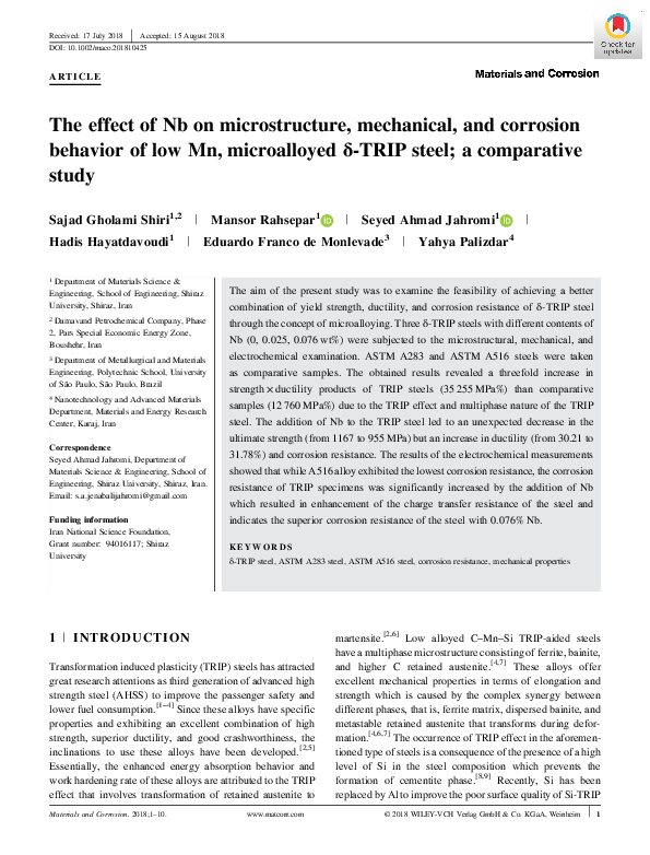 (PDF) The effect of Nb on microstructure, mechanical, and corrosion behavior of low Mn ...