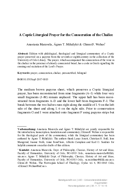 (PDF) A Coptic Liturgical Prayer for the Consecration of the Chalice