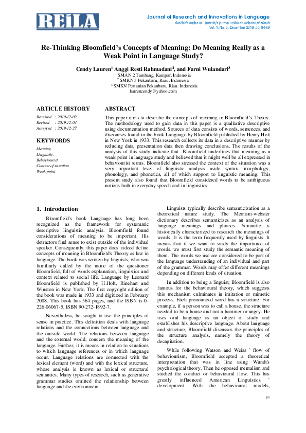 (PDF) Re-Thinking Bloomfield’s Concepts of Meaning: Do Meaning Really ...