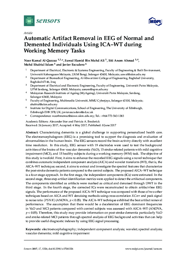 (PDF) Automatic Artifact Removal in EEG of Normal and Demented Individuals Using ICA-WT during ...