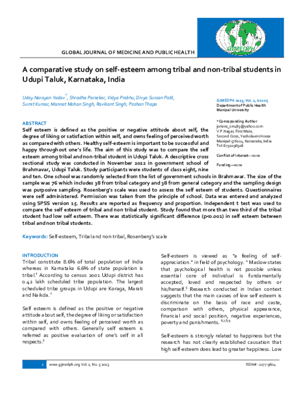 (PDF) A comparative study on self-esteem among tribal and non-tribal students in Udupi Taluk ...