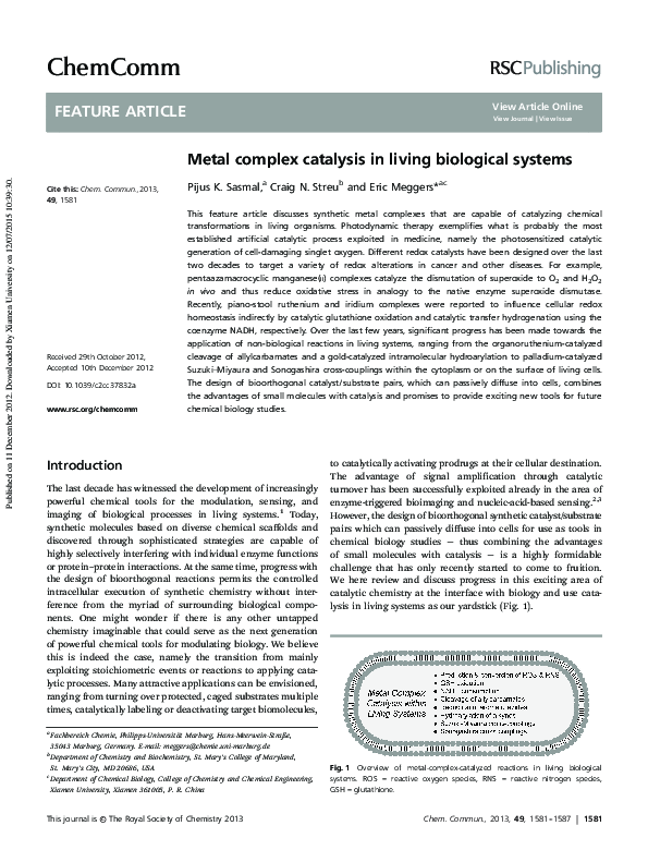 (PDF) Metal complex catalysis in living biological systems
