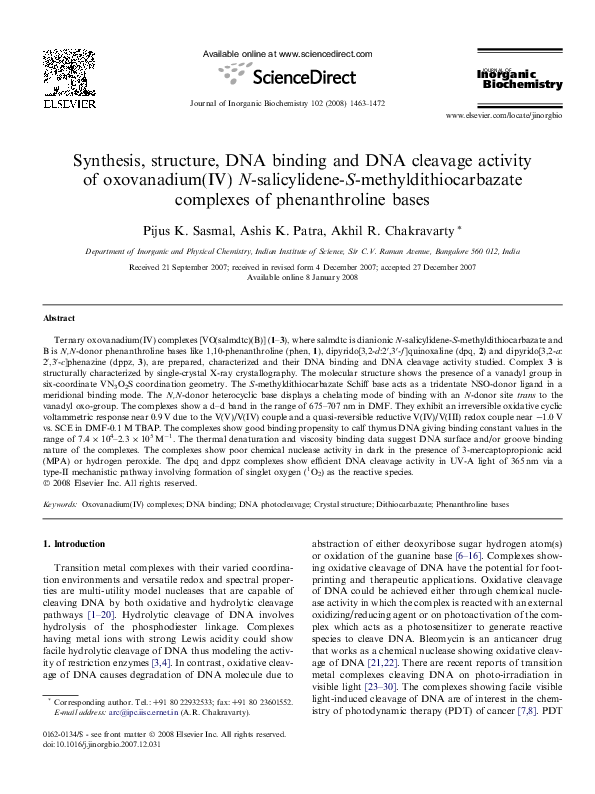 (PDF) Synthesis, structure, DNA binding and DNA cleavage activity of oxovanadium(IV) N ...