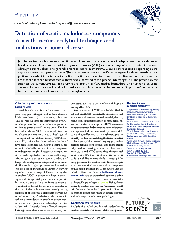 (PDF) Detection of volatile malodorous compounds in breath: current analytical techniques and ...