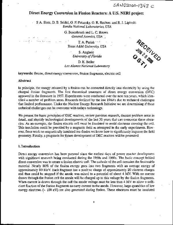 (PDF) Direct energy conversion in fission reactors: A US NERI project