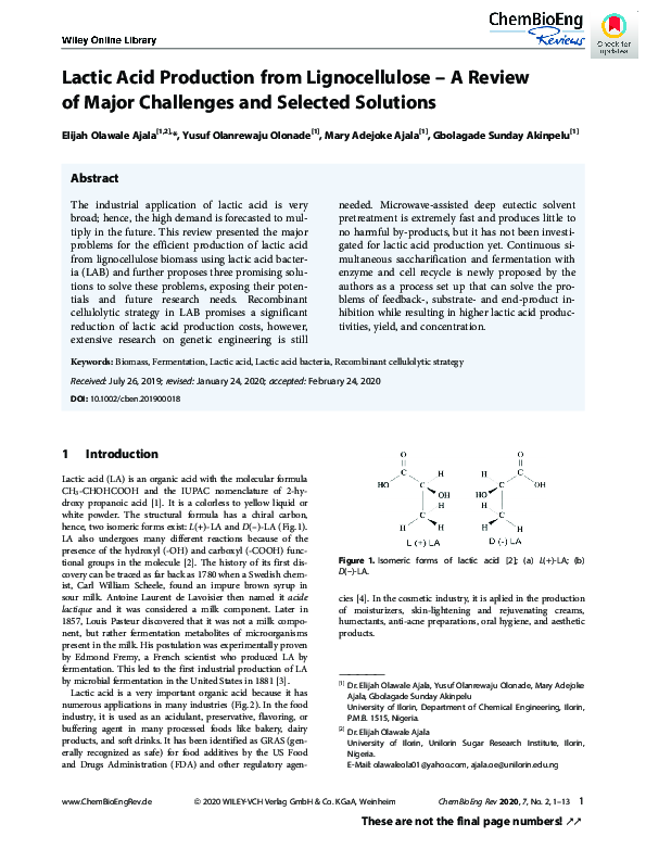 (PDF) Lactic Acid Production from Lignocellulose – A Review of Major Challenges and Selected ...