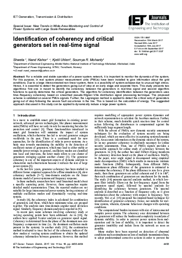 (PDF) Identification of coherency and critical generators set in real‐time signal