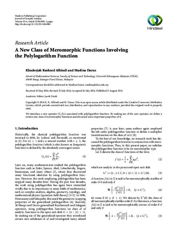 Pdf A New Class Of Meromorphic Functions Involving The Polylogarithm Function