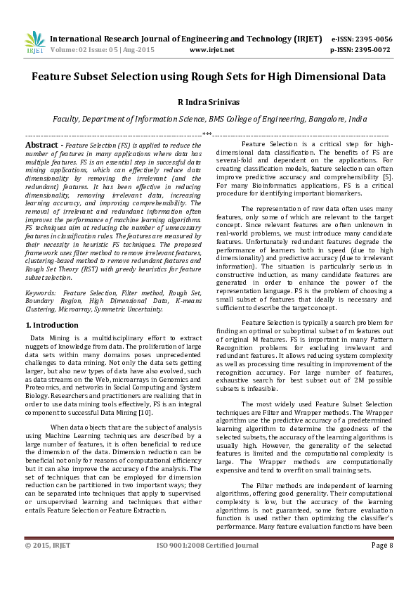 (PDF) Feature Subset Selection using Rough Sets for High Dimensional Data
