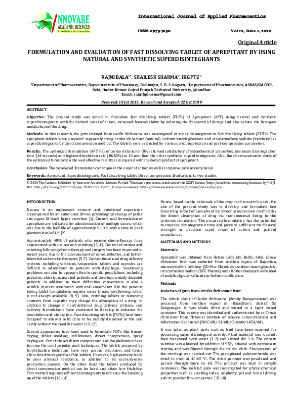 Pdf Formulation And Evaluation Of Fast Dissolving Tablet Of Aprepitant By Using Natural And
