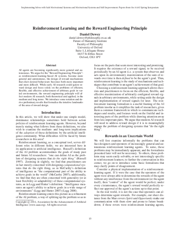 (PDF) Reinforcement Learning and the Reward Engineering Principle