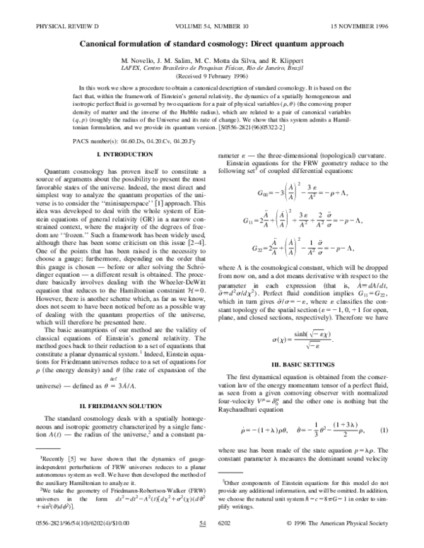 (PDF) Canonical formulation of standard cosmology: Direct quantum approach