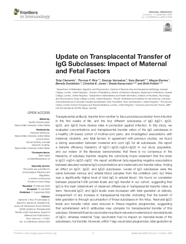 (PDF) Update on Transplacental Transfer of IgG Subclasses: Impact of ...